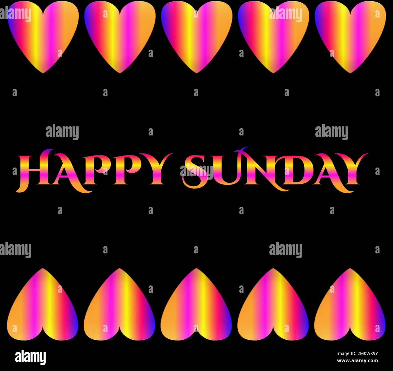 An Illustrated Colorful HAPPY SUNDAY text with colorful heart shapes ...