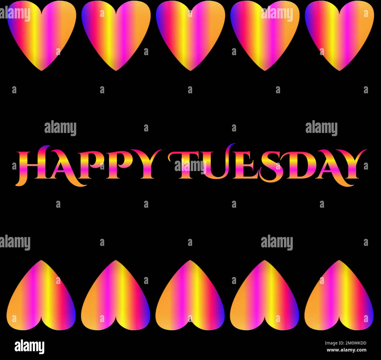 An Illustrated Colorful HAPPY TUESDAY text with colorful heart shapes ...
