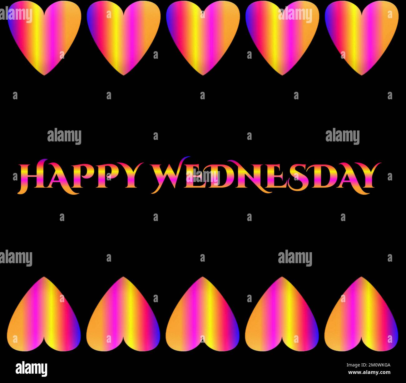 An Illustrated Colorful HAPPY WEDNESDAY text with colorful heart shapes ...