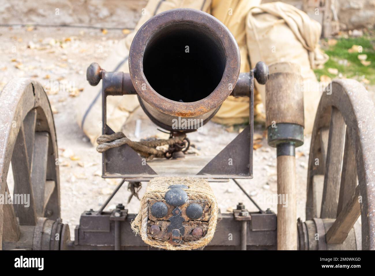 closeup of the front of an ancient 16th century cannon. outdoors ...