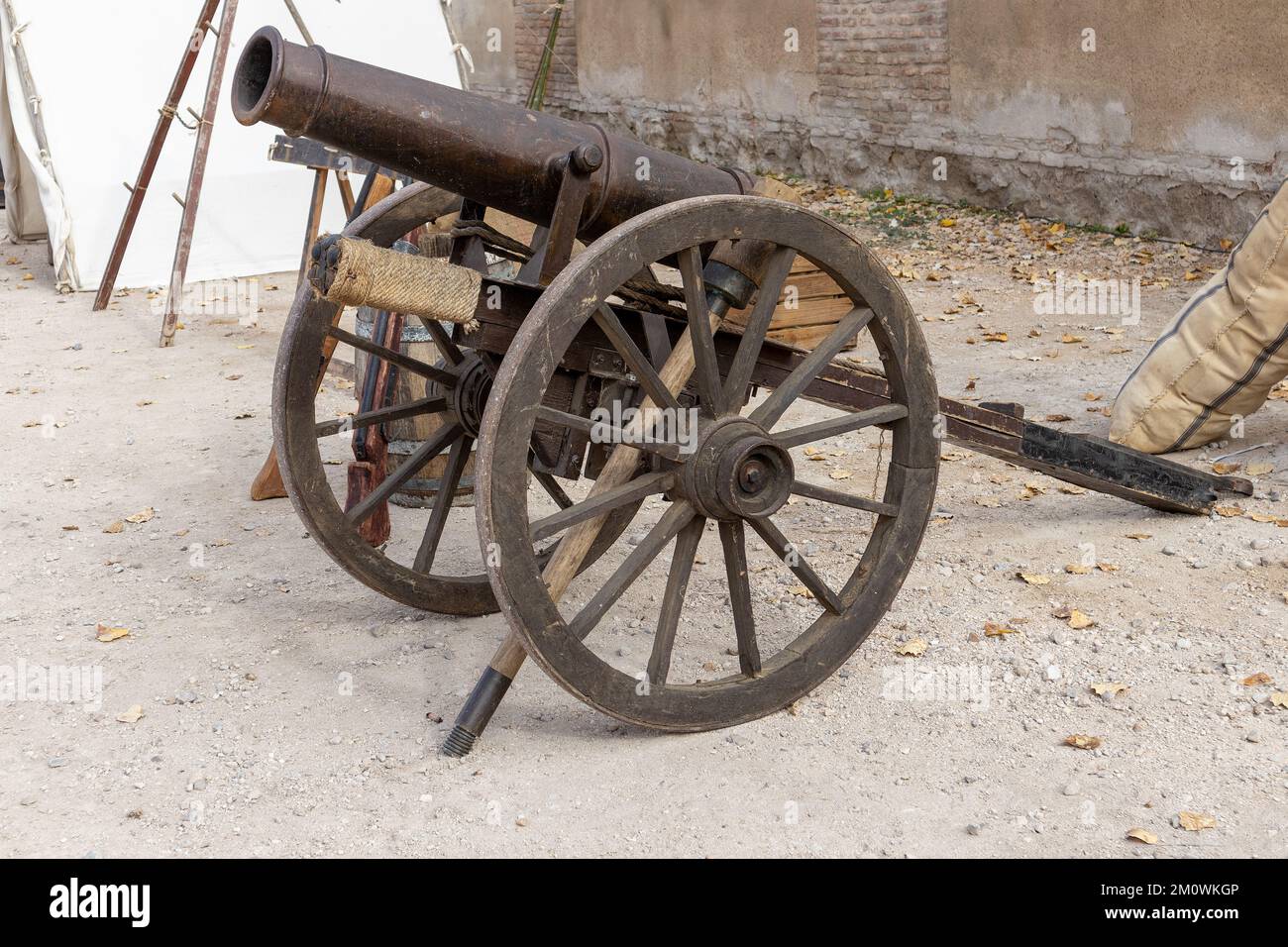 closeup in horizontal view of a military cannon used in the 16th and ...