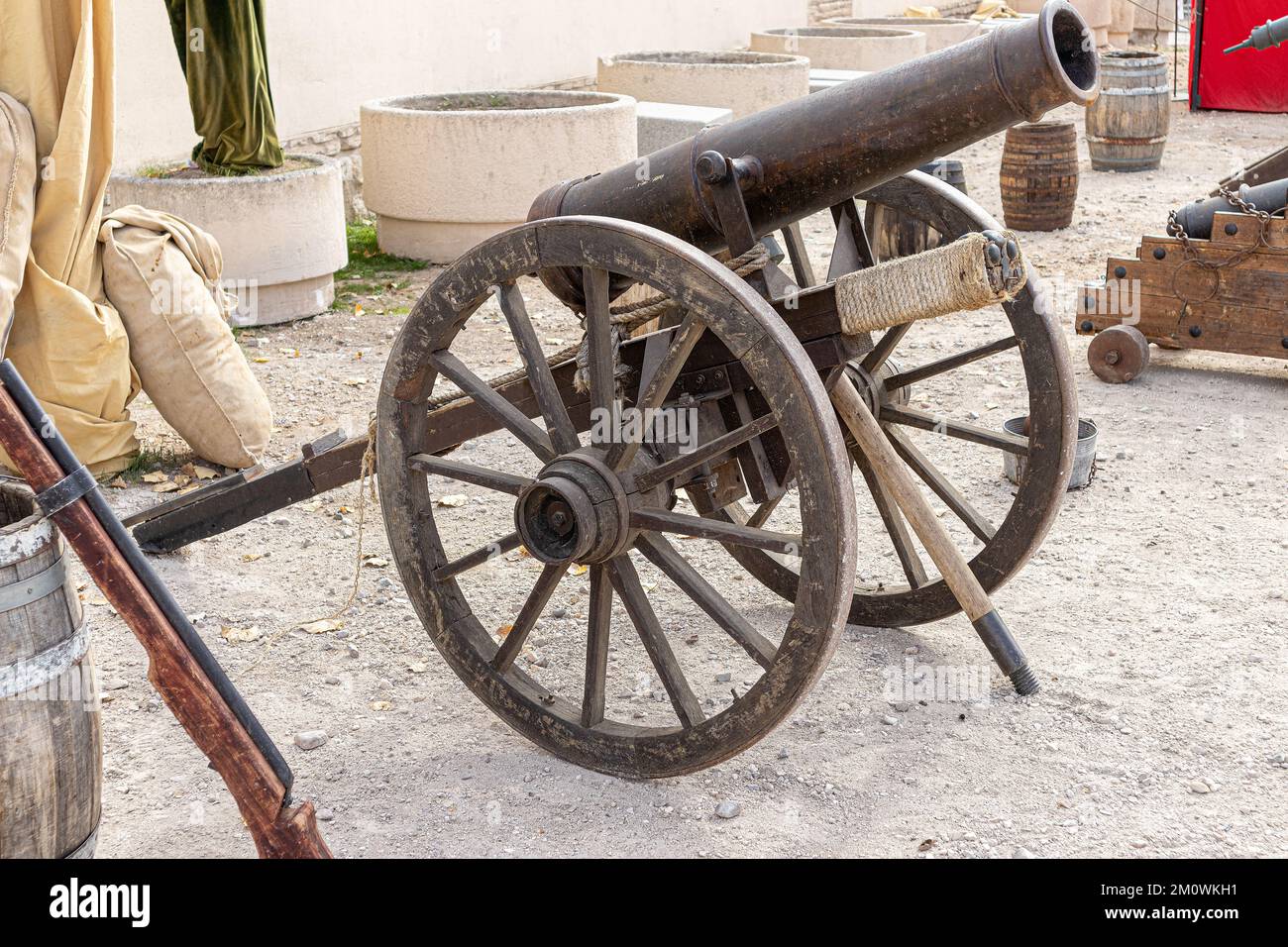 closeup in horizontal view of a military cannon used in the 16th and ...