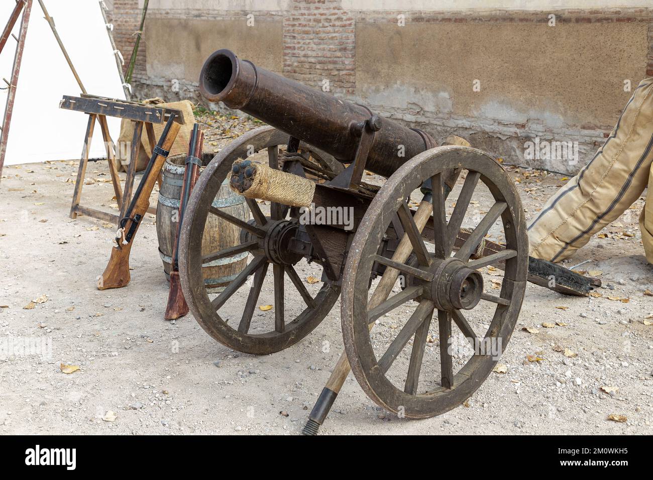 closeup in horizontal view of a military cannon used in the 16th and ...