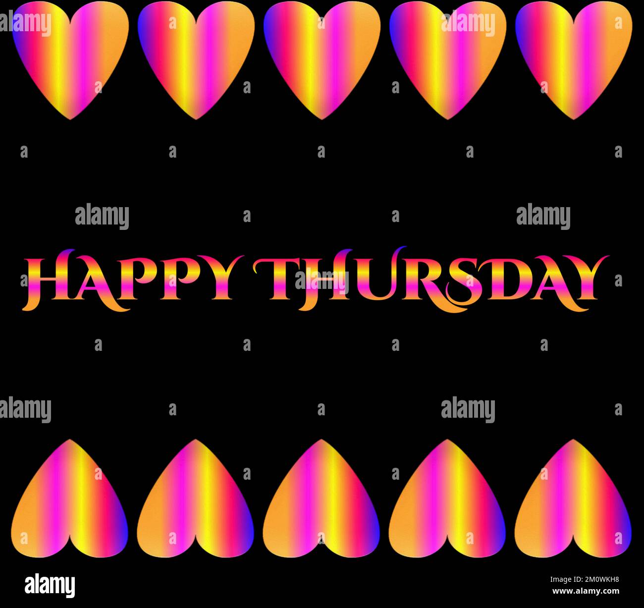An Illustrated Colorful HAPPY THURSDAY text with colorful heart shapes ...