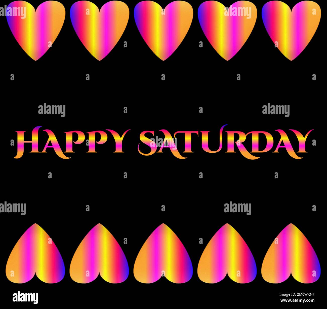 An Illustrated Colorful HAPPY SATURDAY text with colorful heart shapes ...