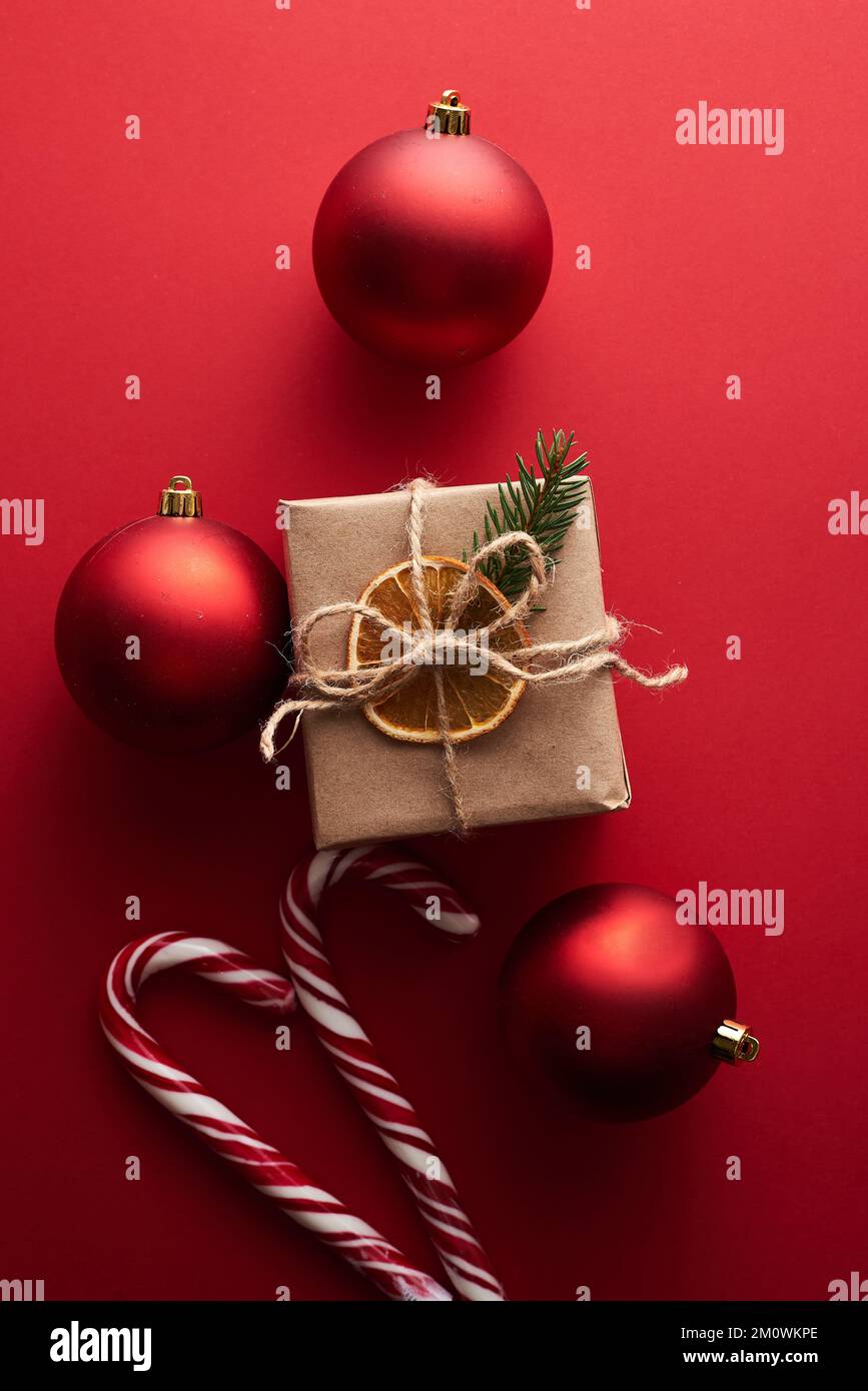 Christmas gift boxes wrapped kraft paper decorated ribbon bow and fir ...