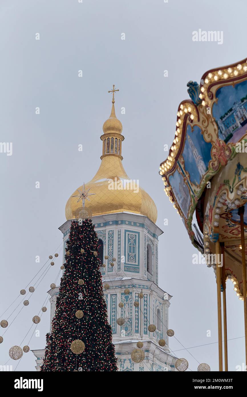 Aesthetics Christmas atmosphere with carousel, Christmas tree, and ...