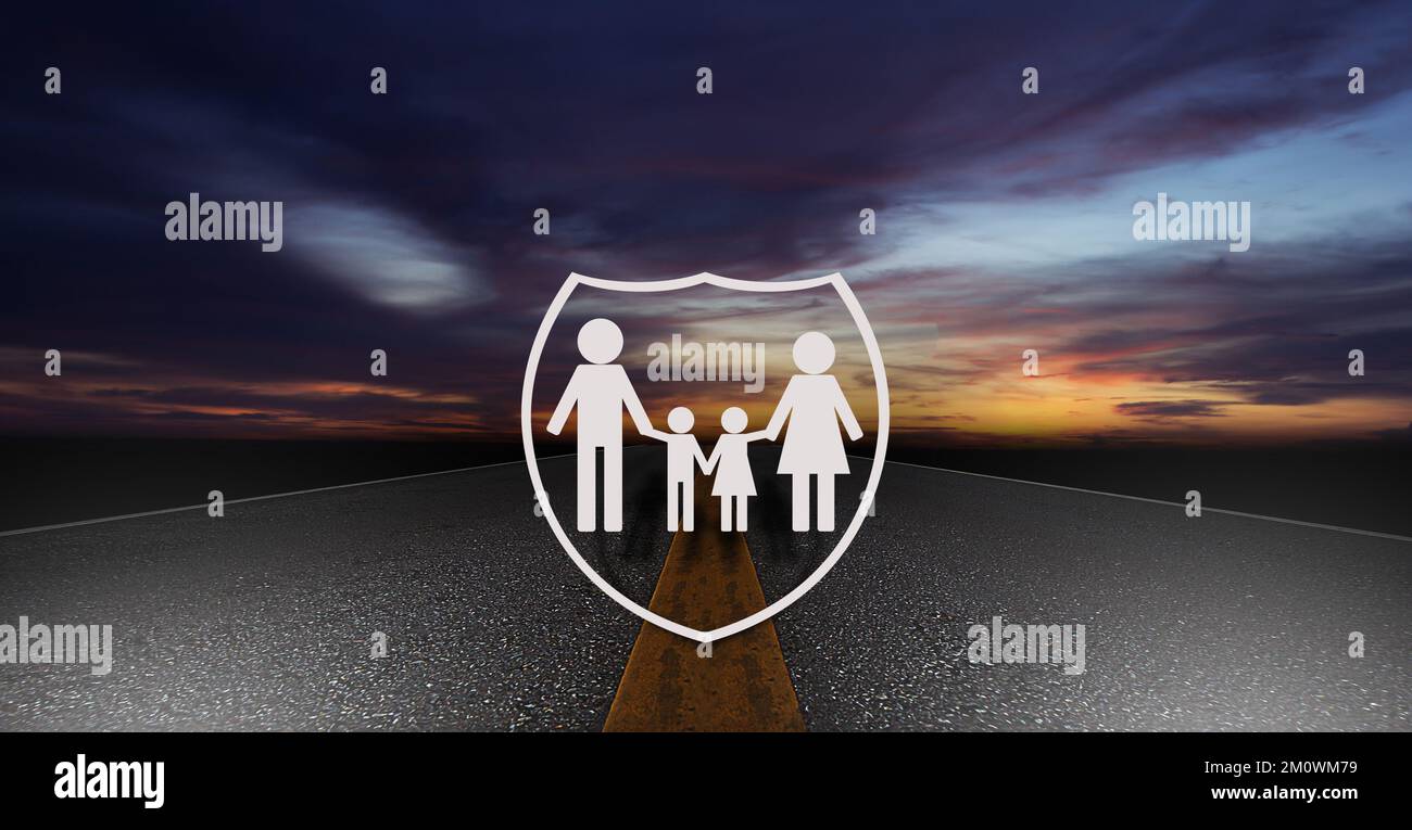 Insurance concept, security life, family and shield on road background ...