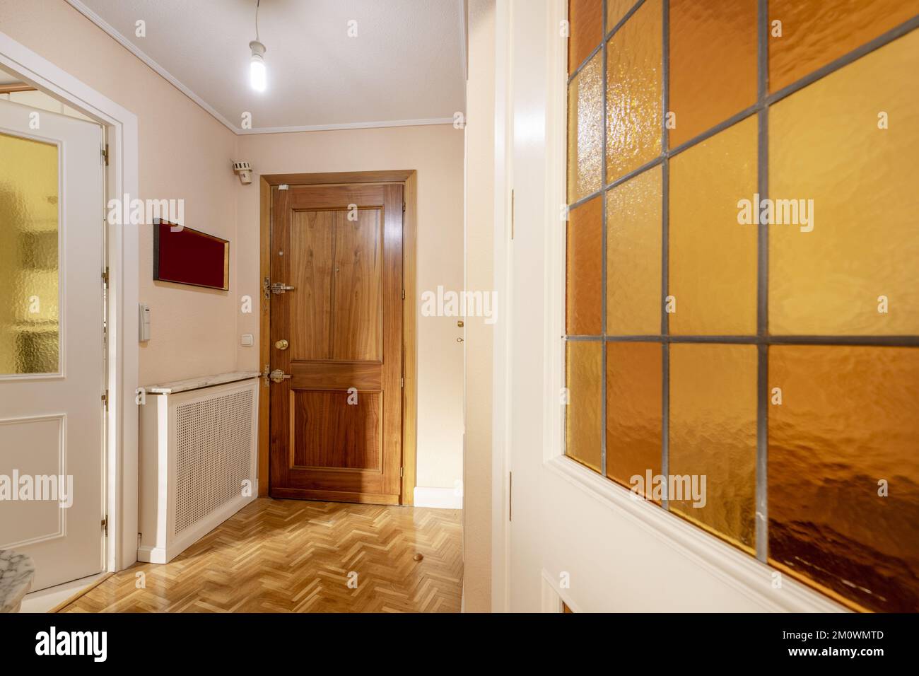 Entrance hall of a house with an armored access door, white wooden ...