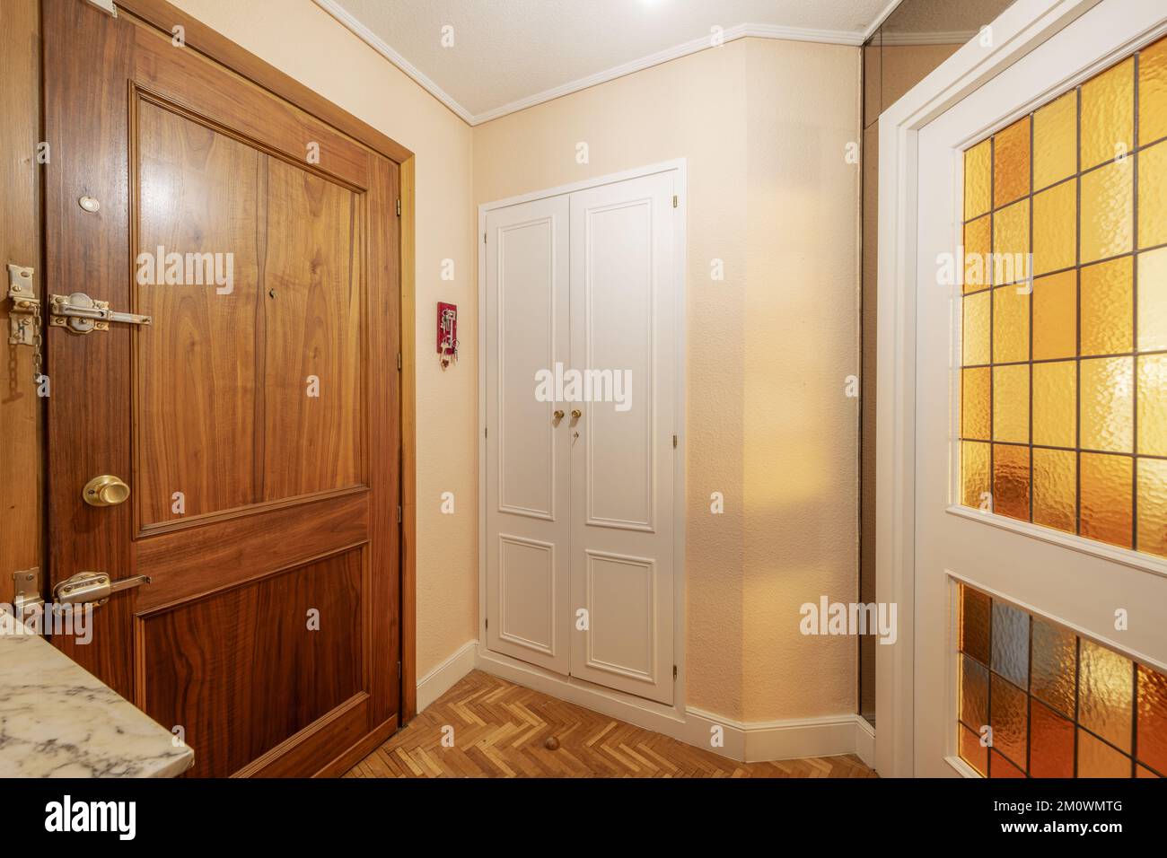 Entrance hall of a house with an armored access door, white wooden ...