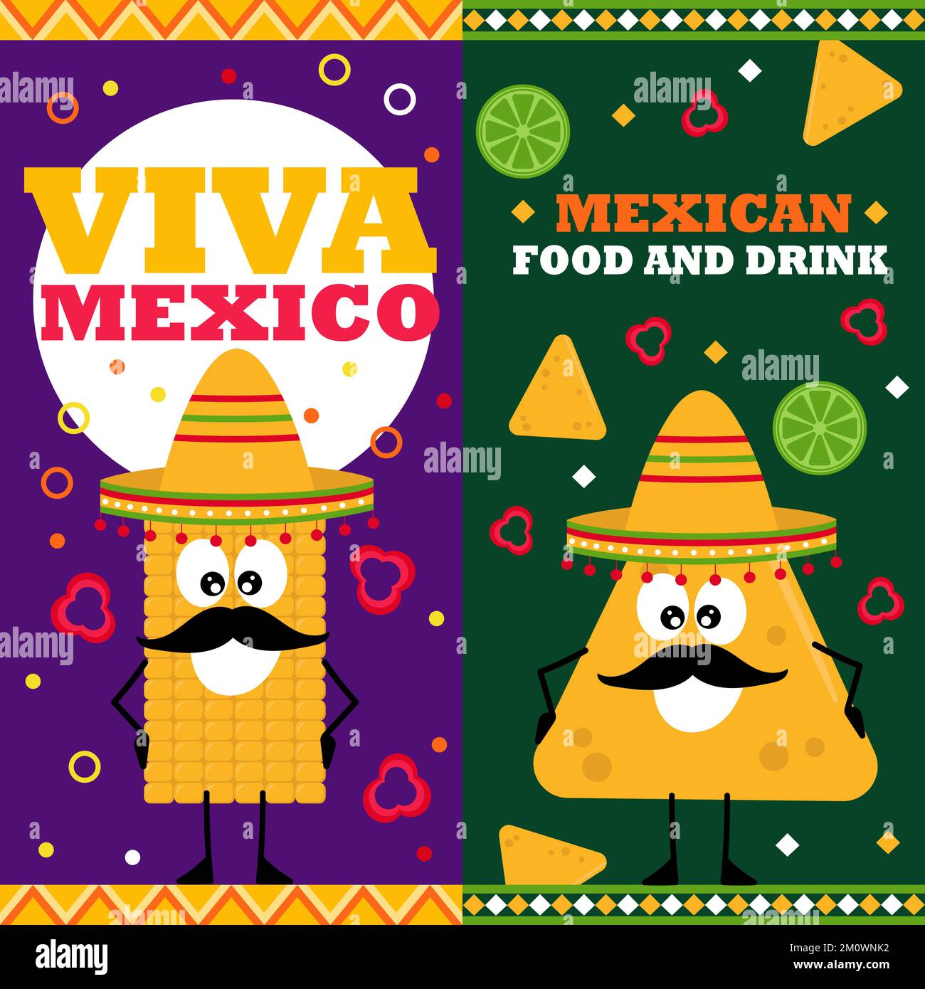Cartoon mexican food. Vertical vector banners with cheerful characters ...