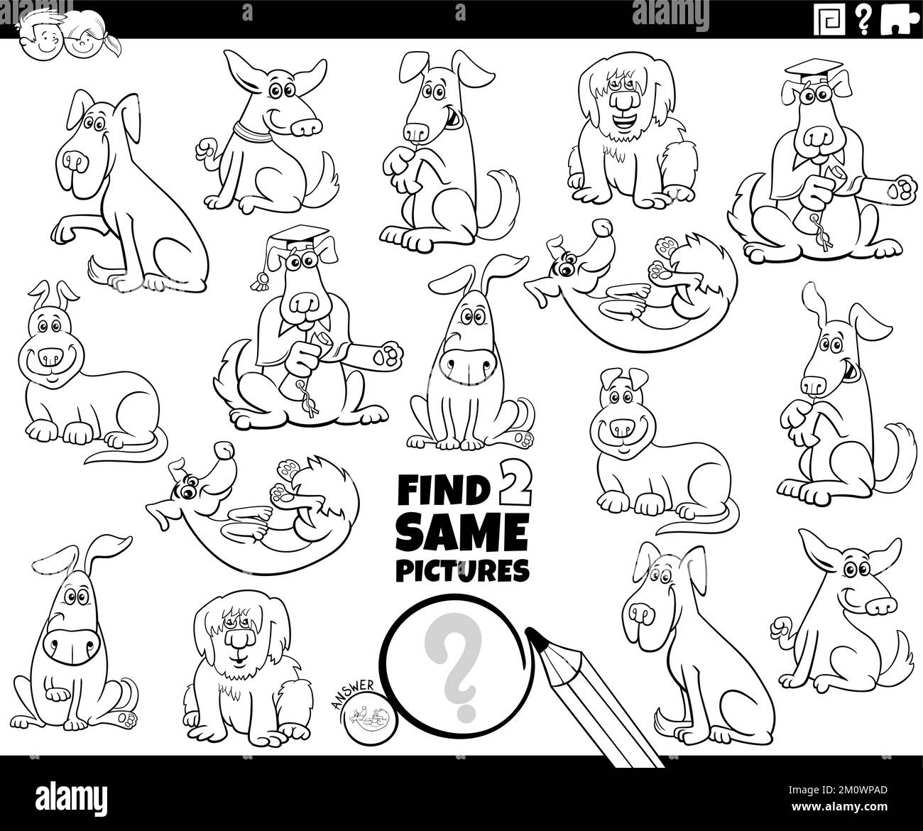 Black and white cartoon illustration of finding two same pictures ...