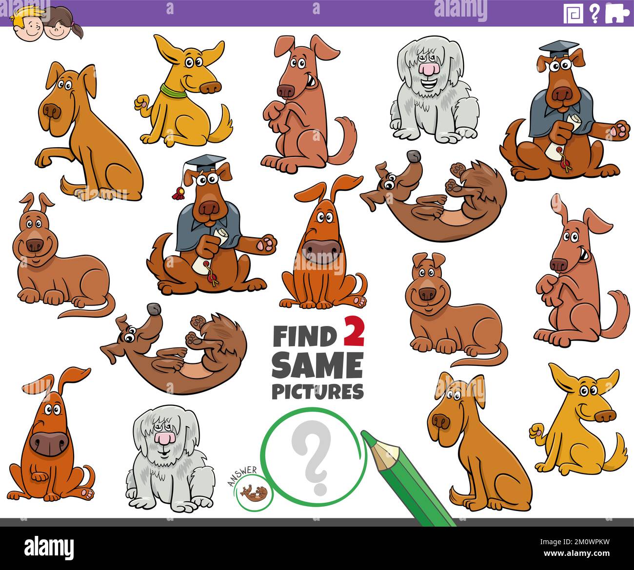 Cartoon illustration of finding two same pictures educational task with ...