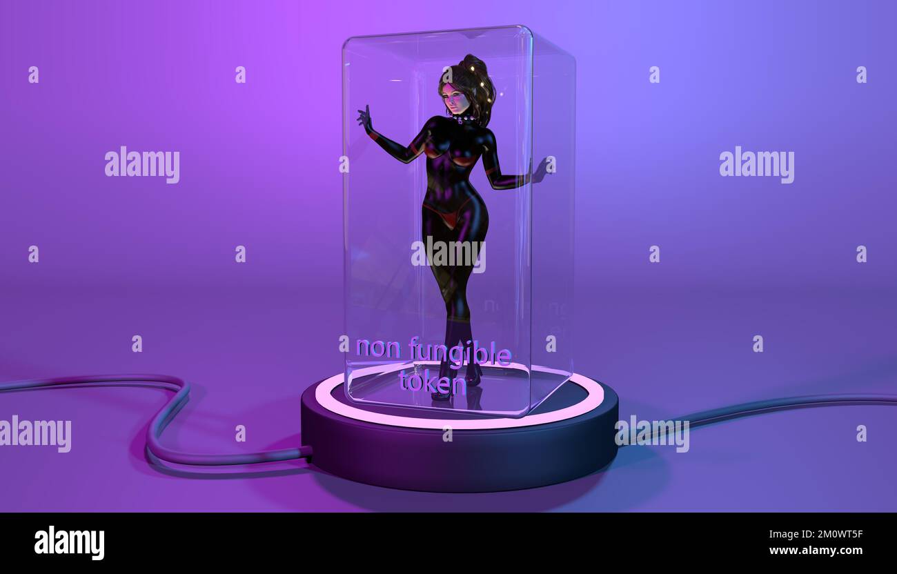 3d rendering illustration of non-fungible crypto art NFT token on isolated background, based on ...