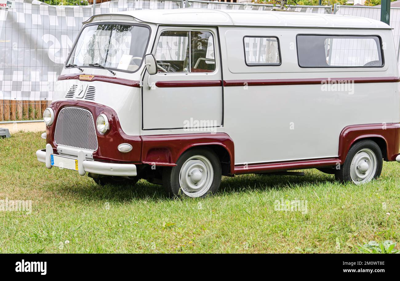 A side view of a beautiful classic white Renault Estafette van in a ...