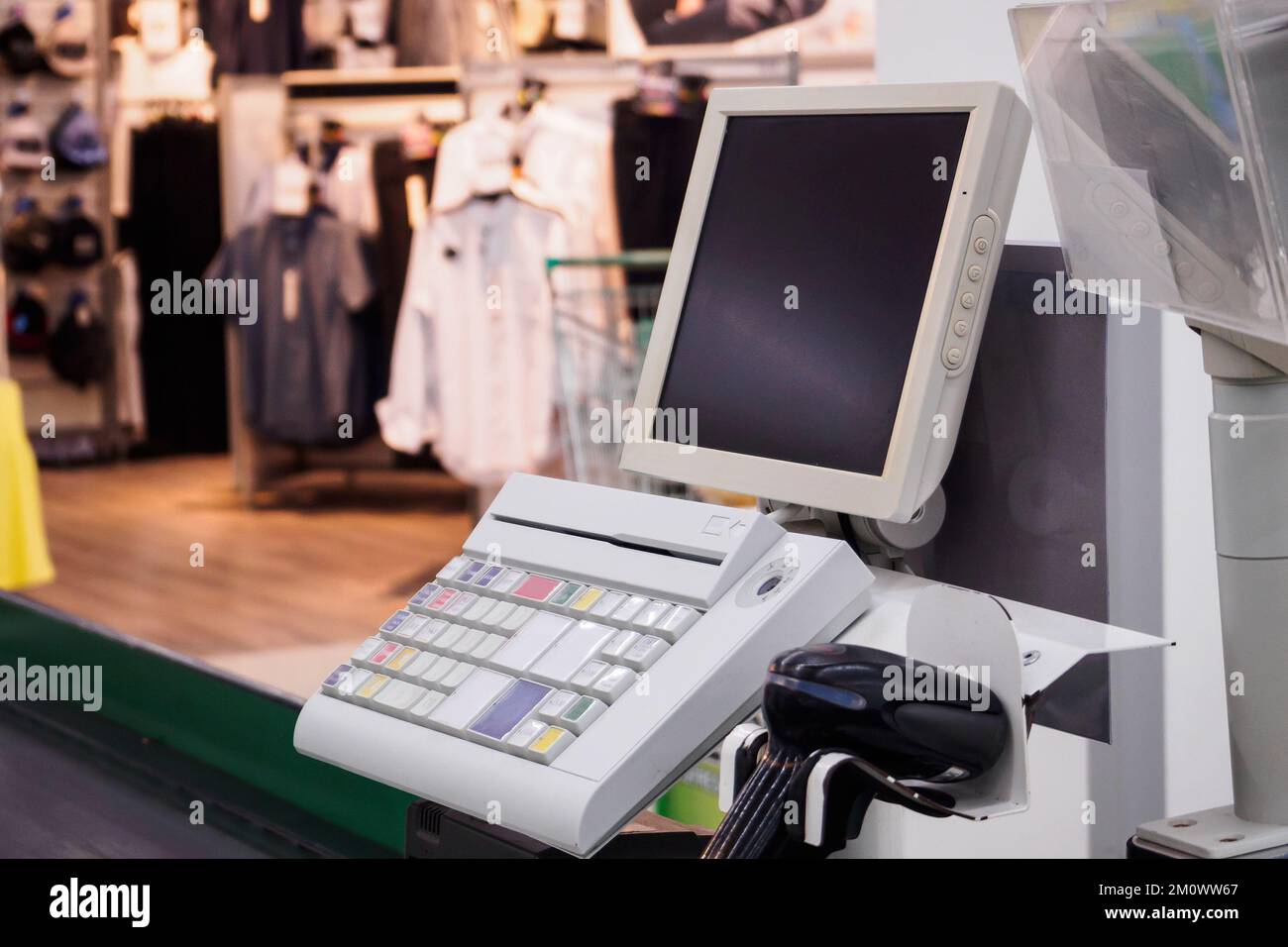 supermarket cash desk checkout counter payment terminal with blank ...