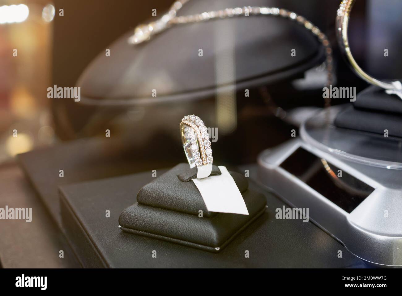 Diamond rings with blank price tag show in jewelry luxury store window ...