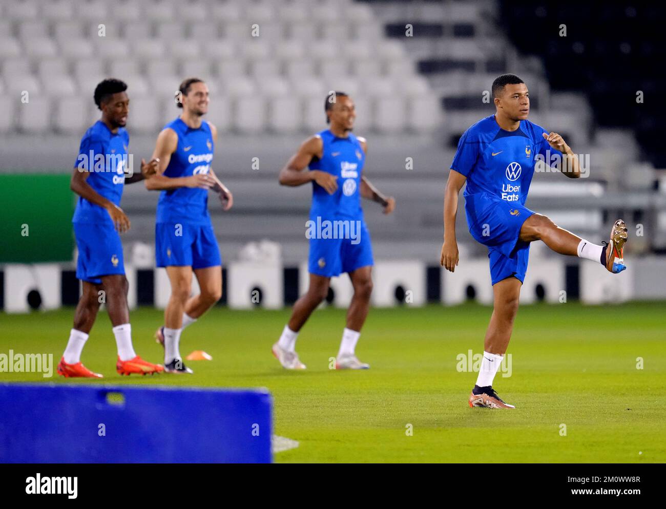 France's Kylian Mbappe (right) during a training session at the Al Sadd ...