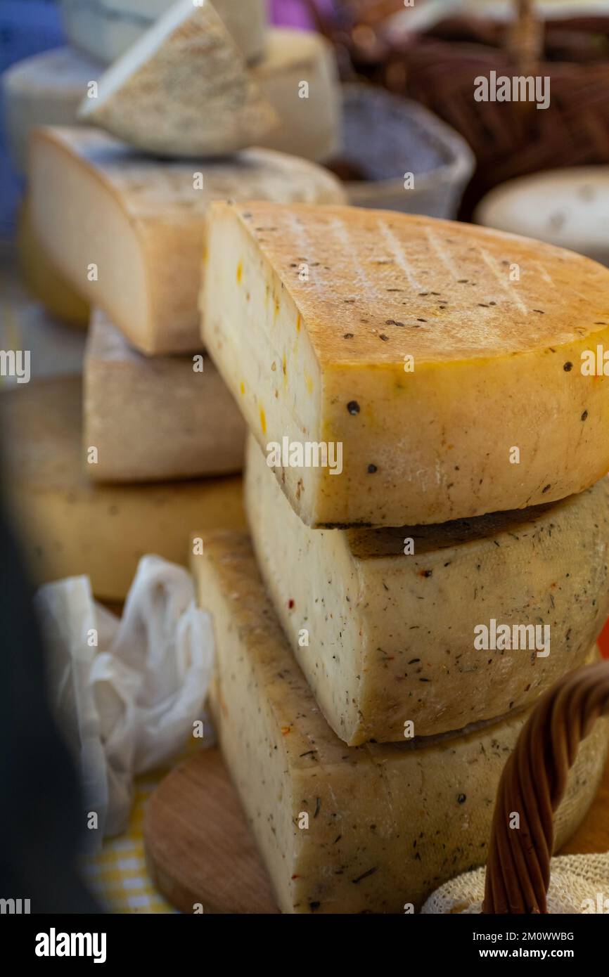 Craft Cheese at the stores counter in November, selective focus ...