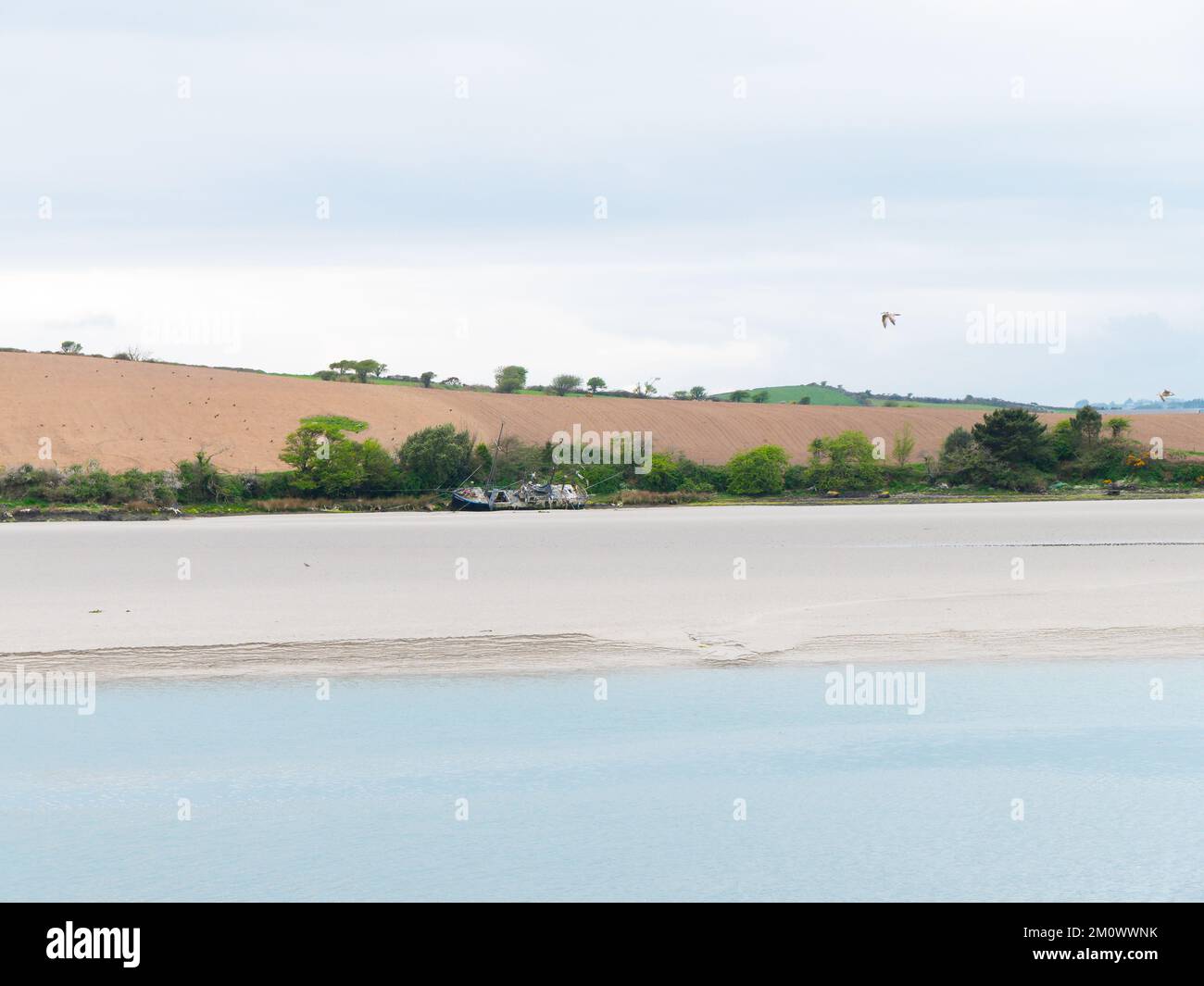 Seaside landscape and a farmer's field on a hill. Sandy seashore on a ...