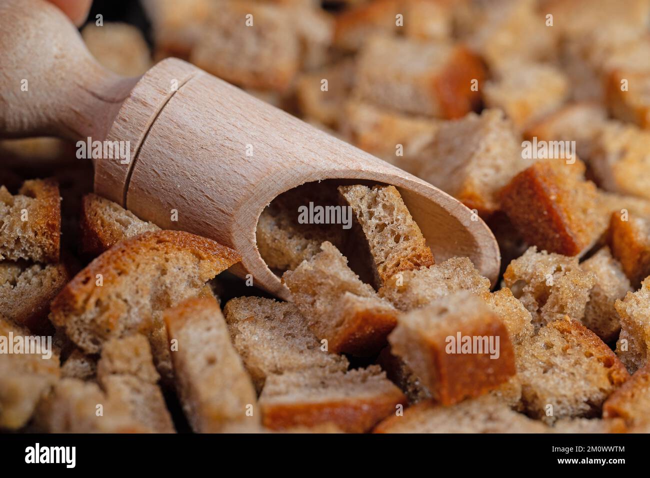 Toasted bread cubes in a closeup Stock Photo - Alamy
