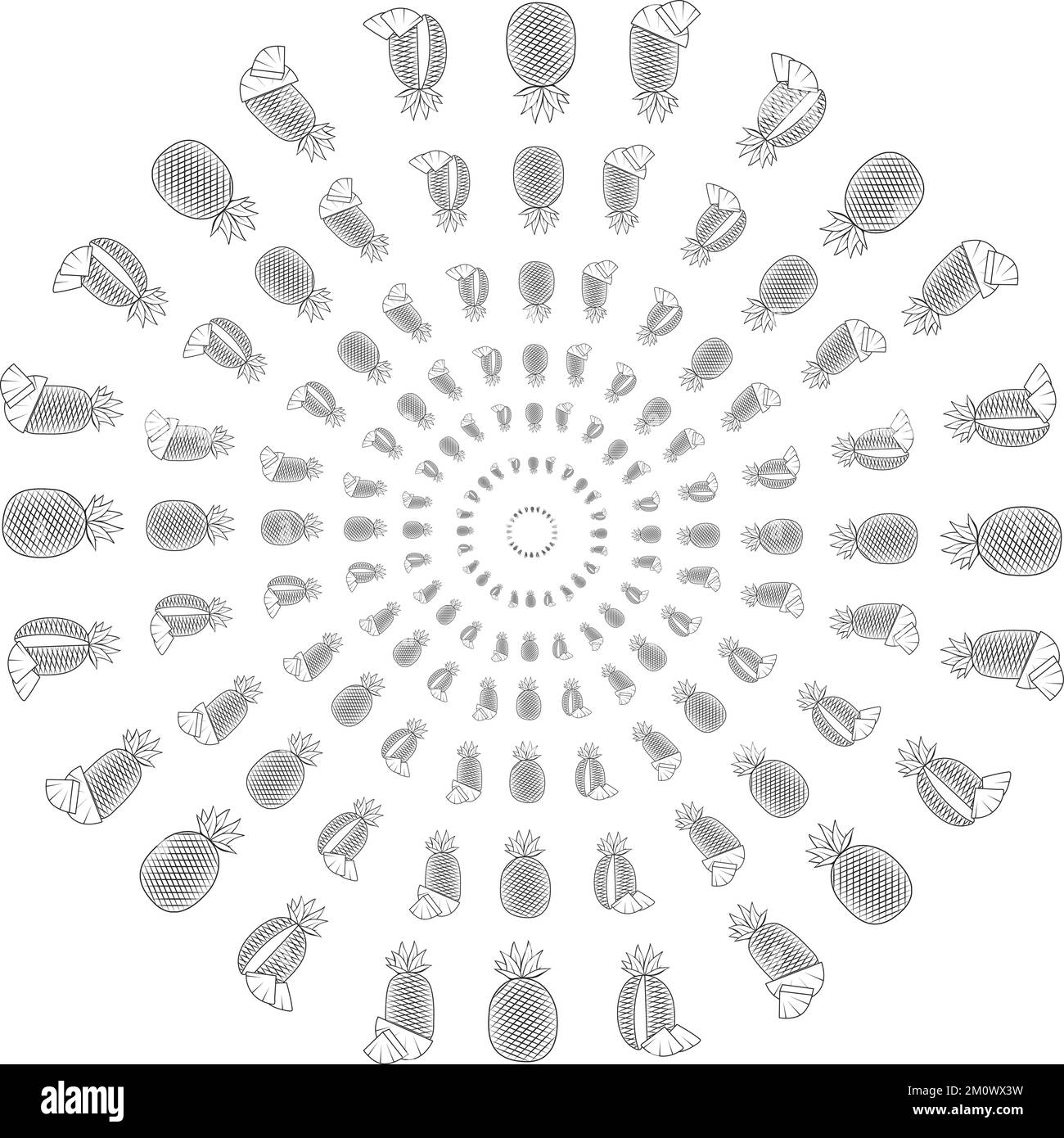 vector illustration of round pineapple doodle pattern in black on ...