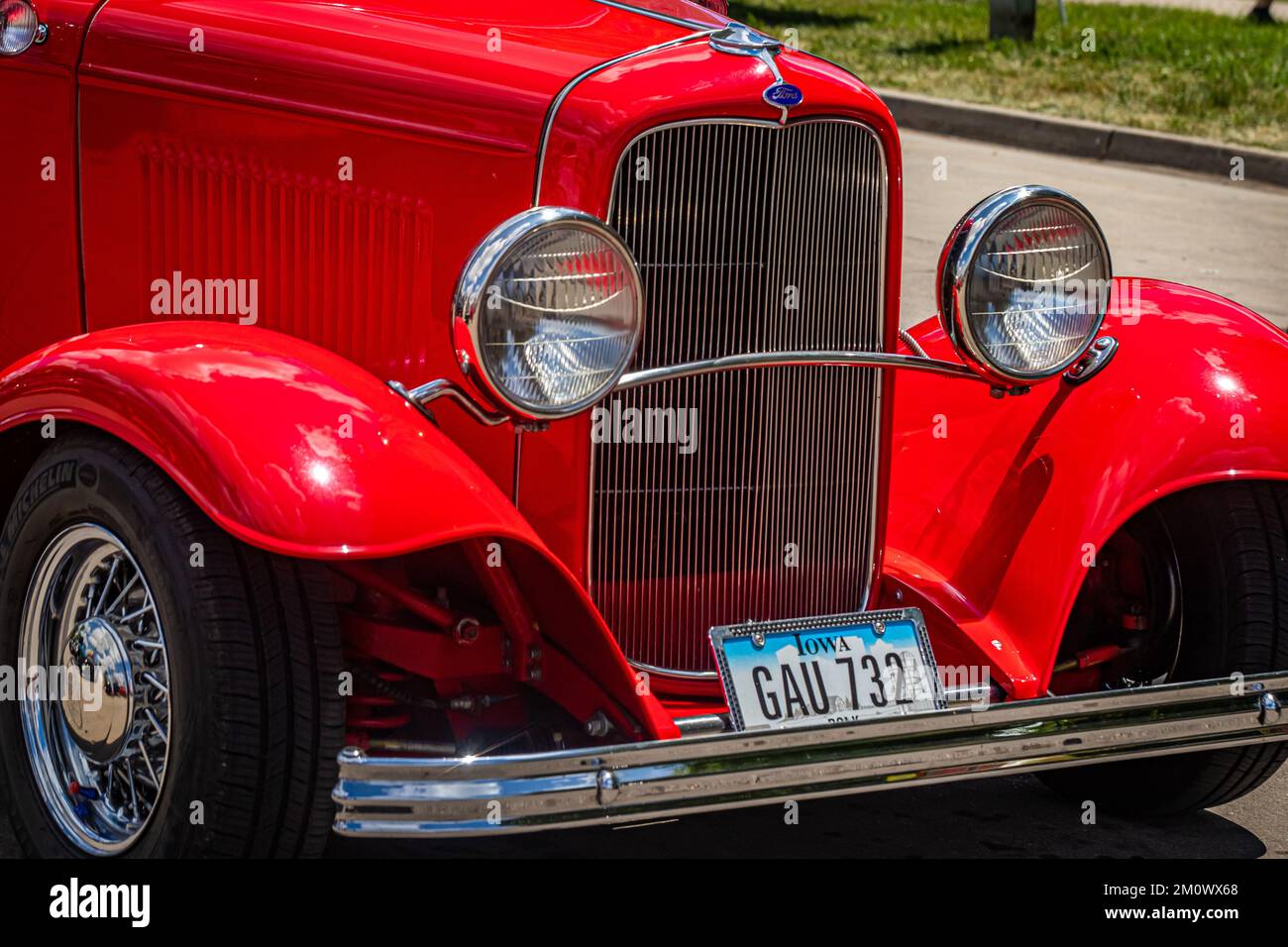 Des Moines, IA - July 03, 2022: Wide angle front view of a 1932 Ford ...