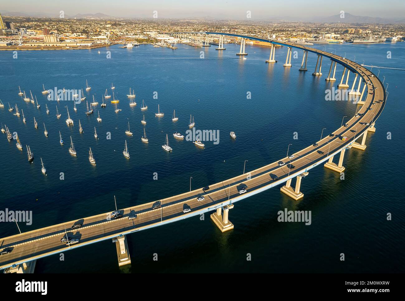 Aerial view of Coronado Bridge in San Diego bay in southern California ...