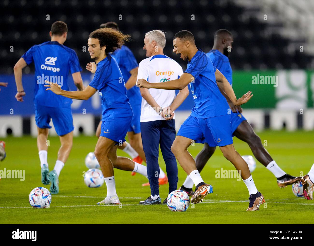 France's Matteo Guendouzi and Kylian Mbappe during a training session at the Al Sadd SC Stadium ...