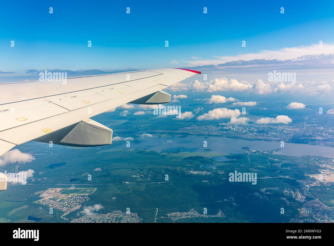 View from the airplane window during takeoff at Koltsovo airport on a ...