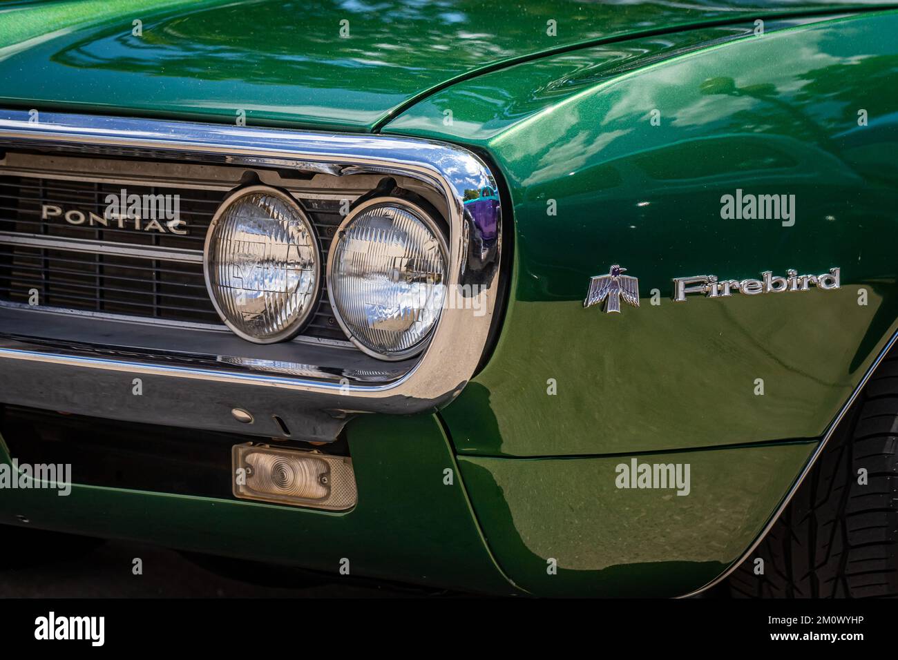 Des Moines, IA - July 03, 2022: Close up detail view of a 1968 Pontiac ...