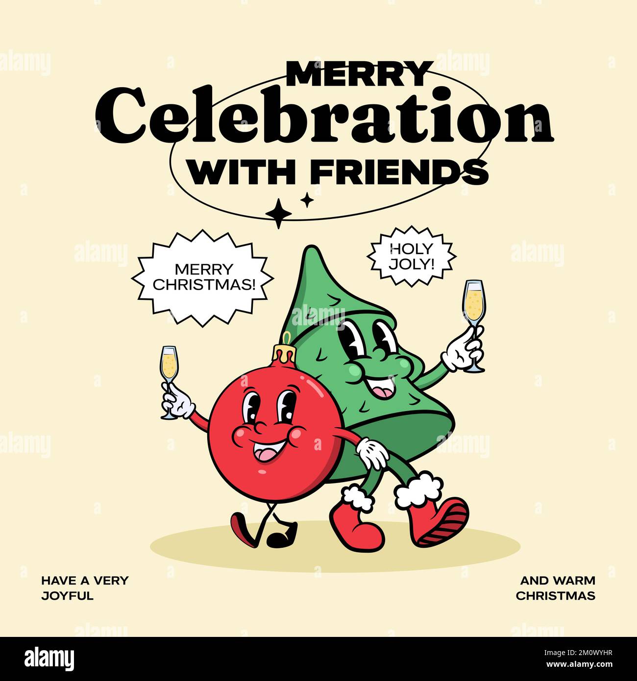 Christmas and New Year retro cartoon characters label template ...