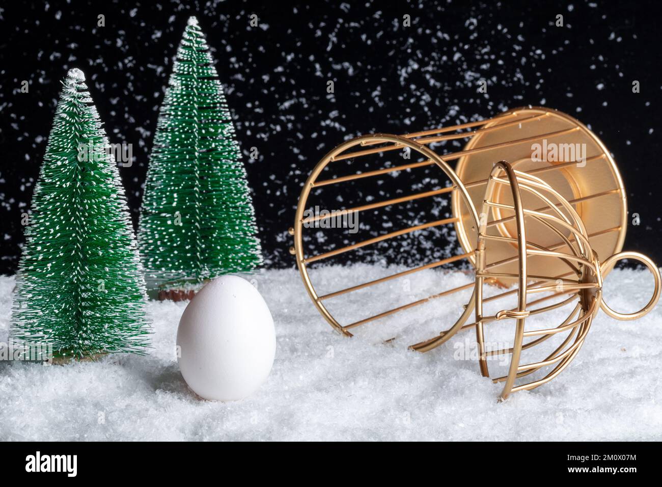 An inverted open cage with an egg outside in a snowy forest at night ...