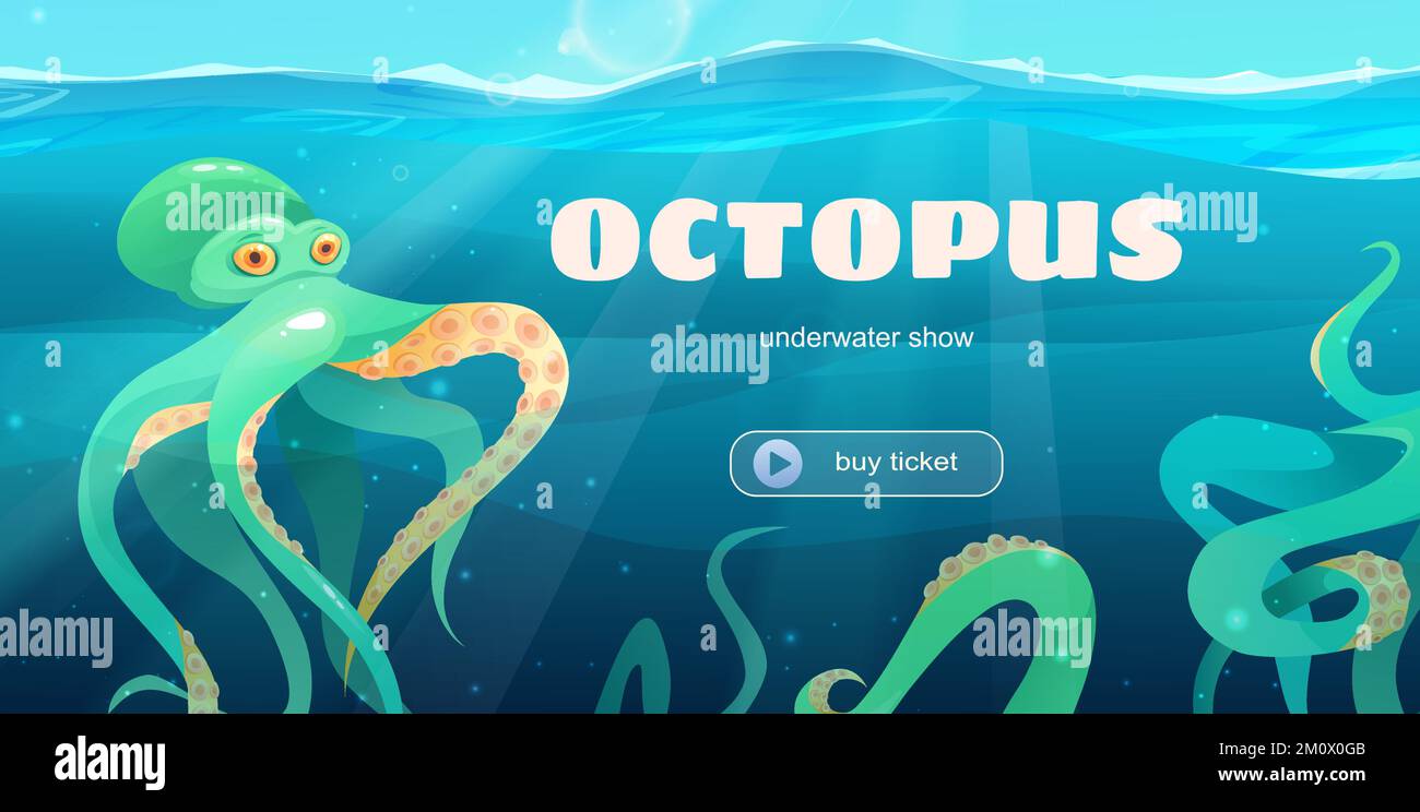 Purple octopus under the sea. Cartoon vector illustration. Banner ...