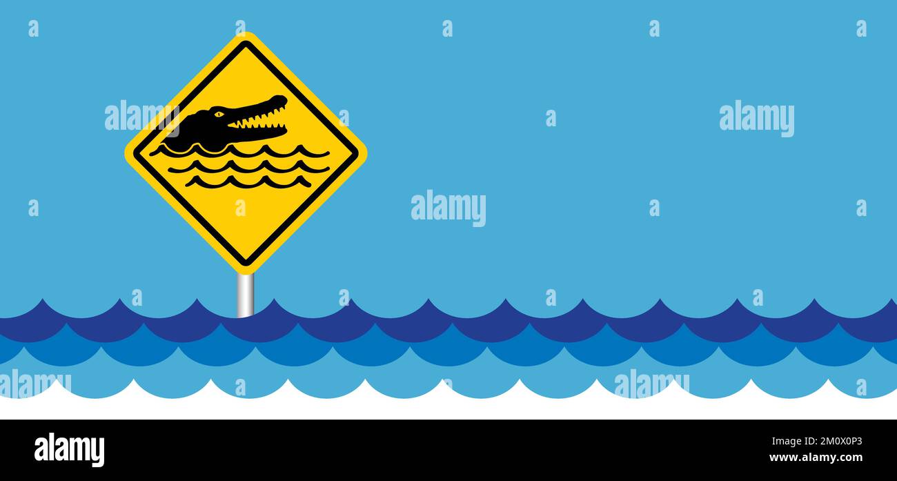 Stop, beware of crocodile or caiman sigboard. Cartoon crocodilian or ...