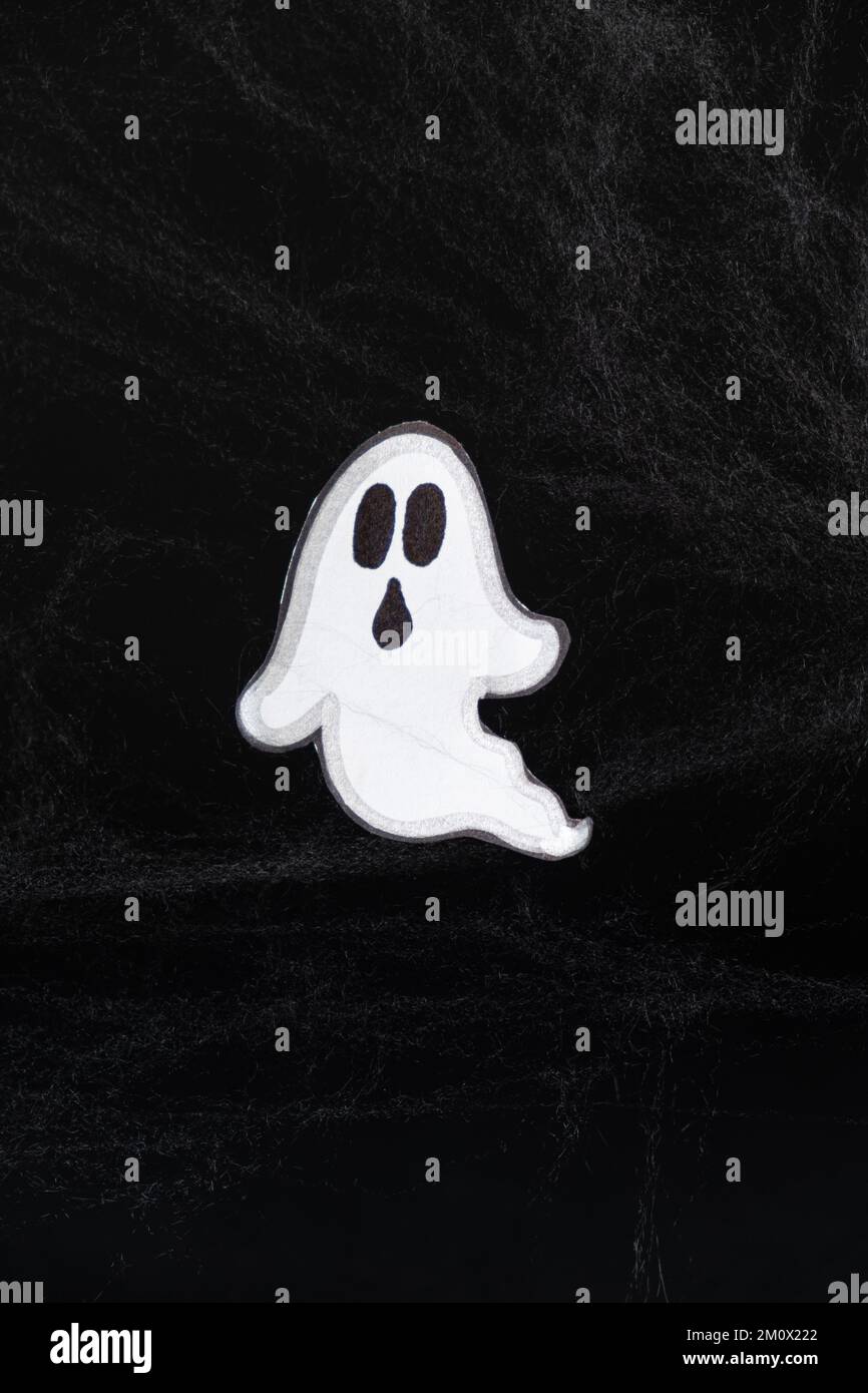 A frightening white ghost flies on a black background with a web, a ...