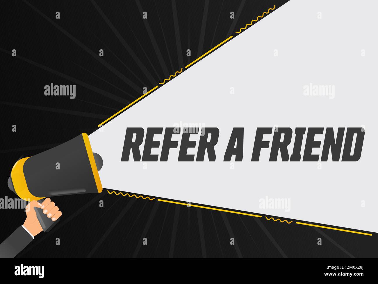 Refer a friend. Megaphone in hand promotion banner. Promotional advertising, marketing speech or ...