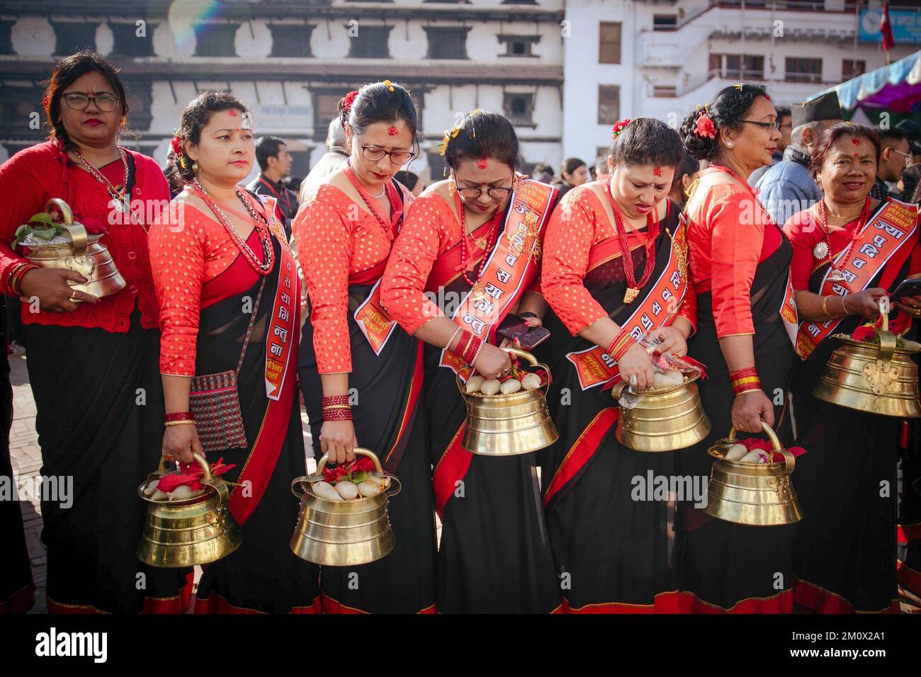Kathmandu, Nepal. 08th Dec, 2022. Newar community women dressed in ...