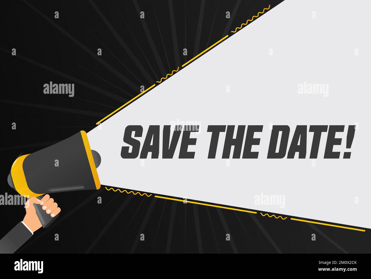 Save the date. Megaphone in hand promotion banner. Promotional ...