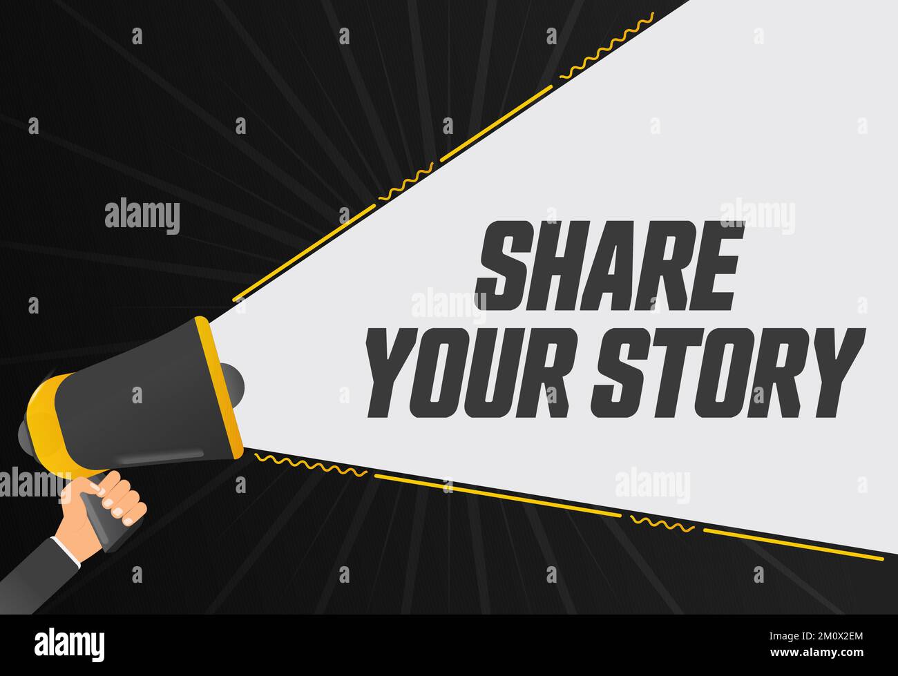 Share your story. Megaphone in hand promotion banner. Promotional ...
