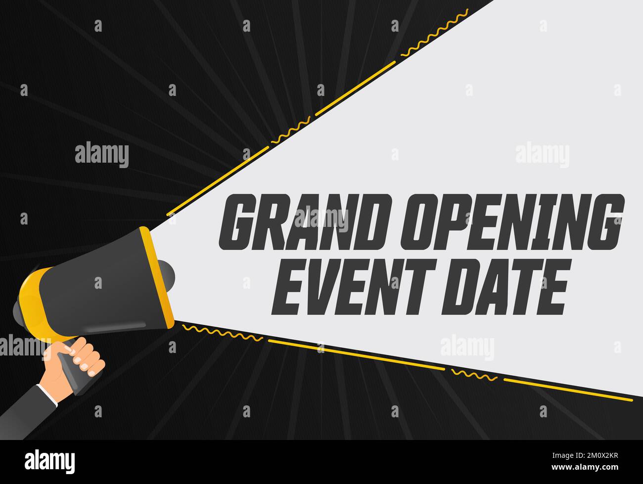 Grand opening event date. Megaphone in hand promotion banner ...