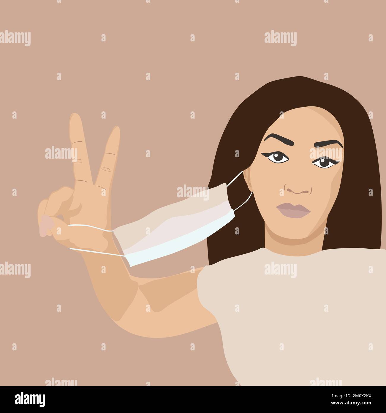 Girl taking off the protective mask and showing Victory gesture vector ...