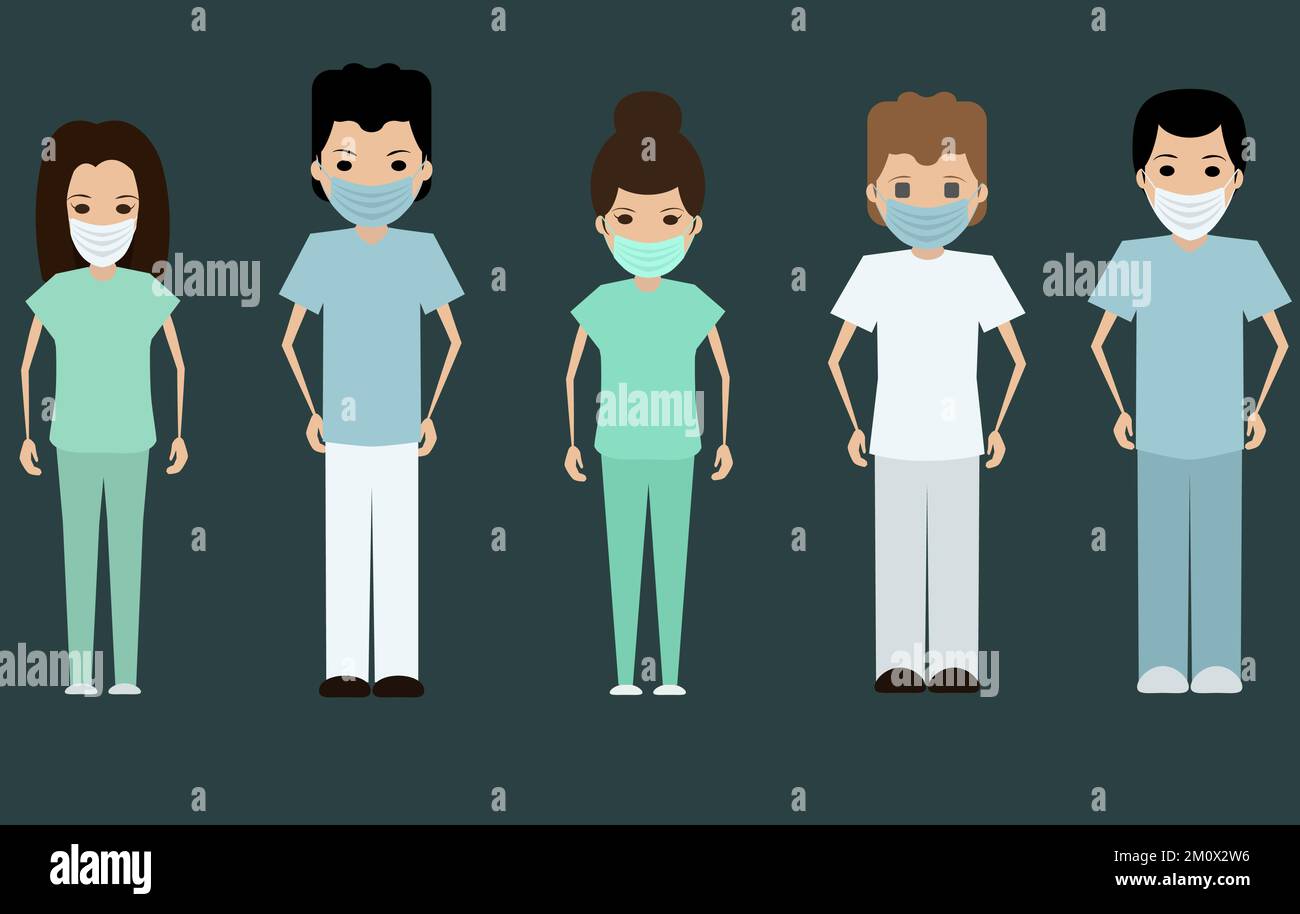 Medical staff in uniforms with protective face masks flat vector ...