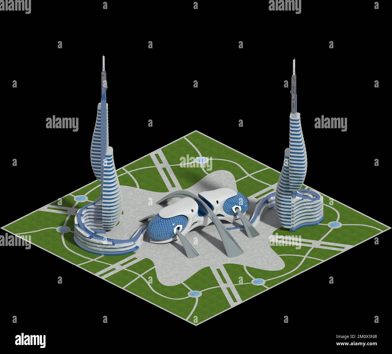 Futuristic architecture illustration for a 3D tiled game rendered in ...