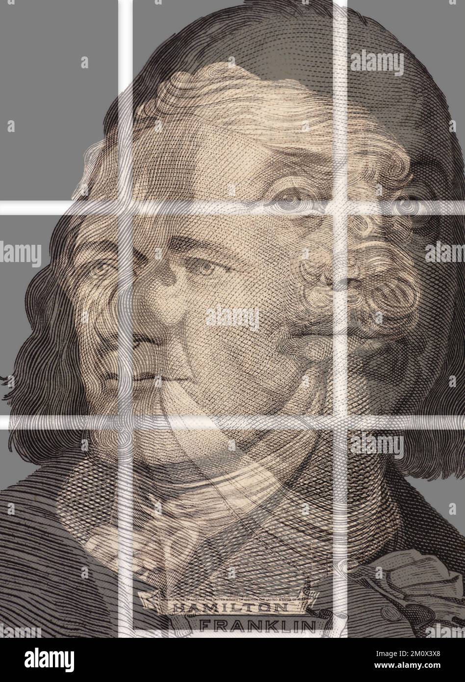 Double exposure of portrait of U.S. presidents Benjamin Franklin and ...