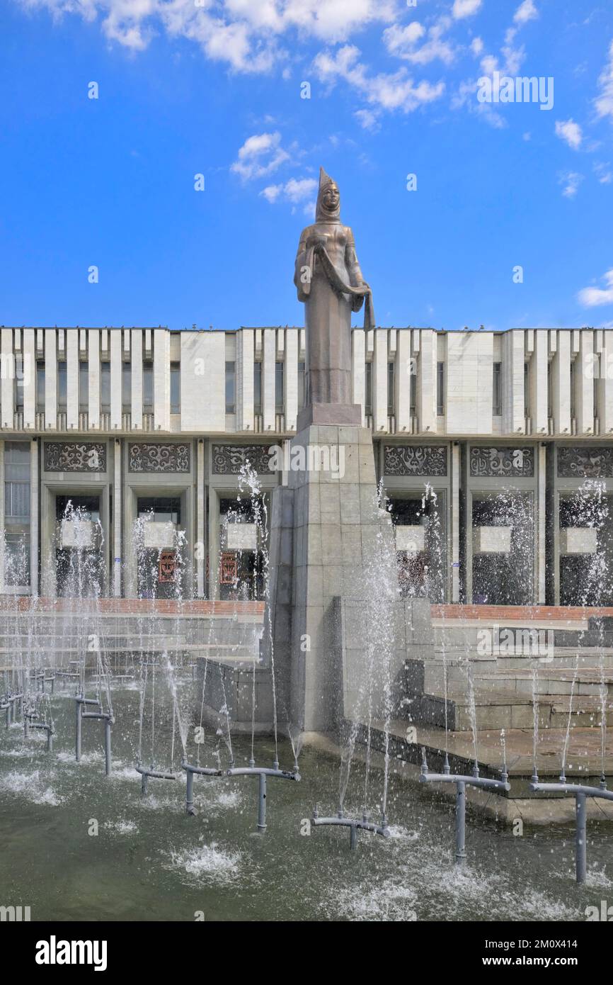 Kyrgyz National Philharmonic house and fountain, statues evocating the ...