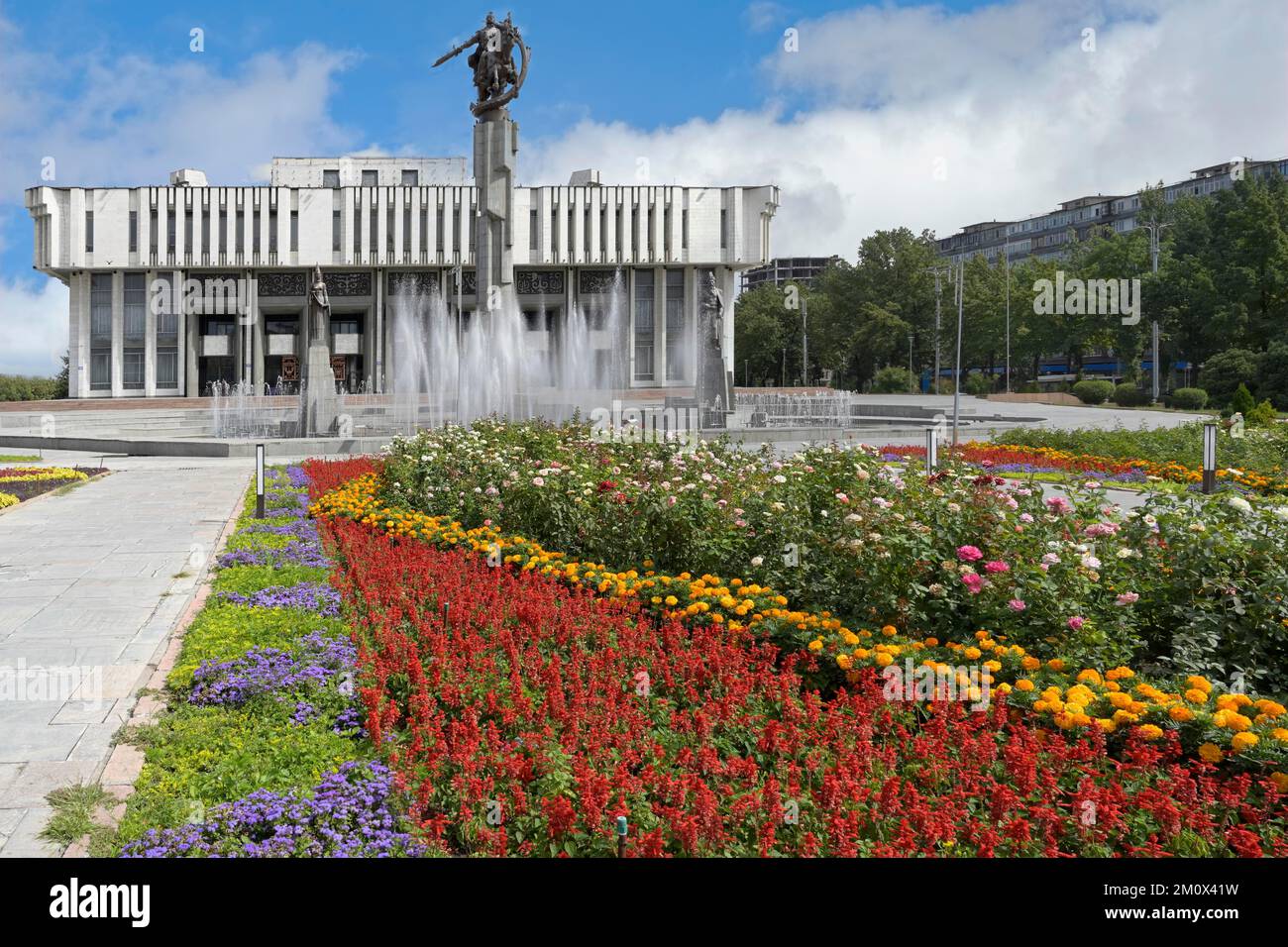Kyrgyz National Philharmonic house and fountain, statues evocating the ...