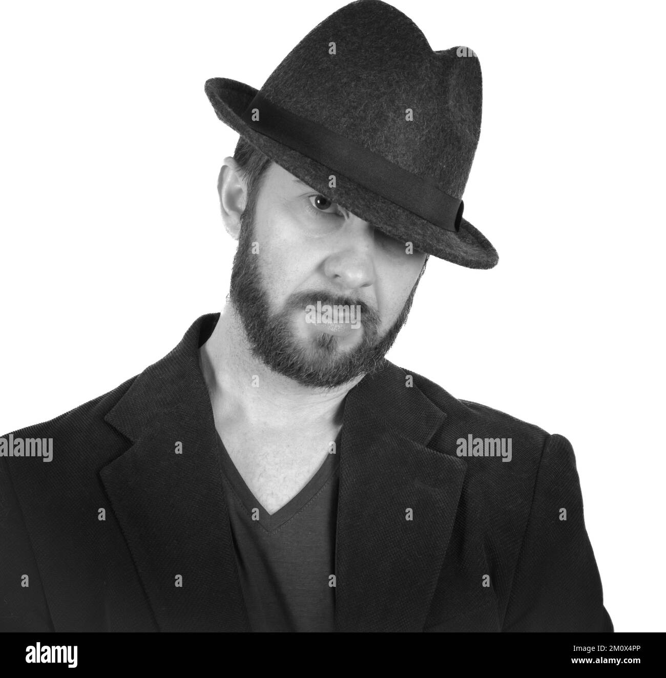 A grayscale shot of a handsome bearded male wearing a Fedora hat Stock ...