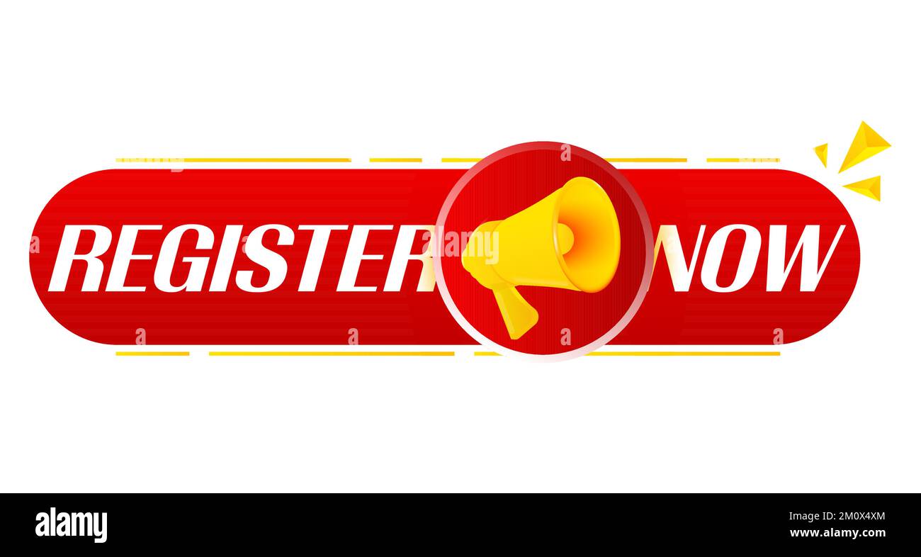 Megaphone with register now on white background. Megaphone banner. Web ...
