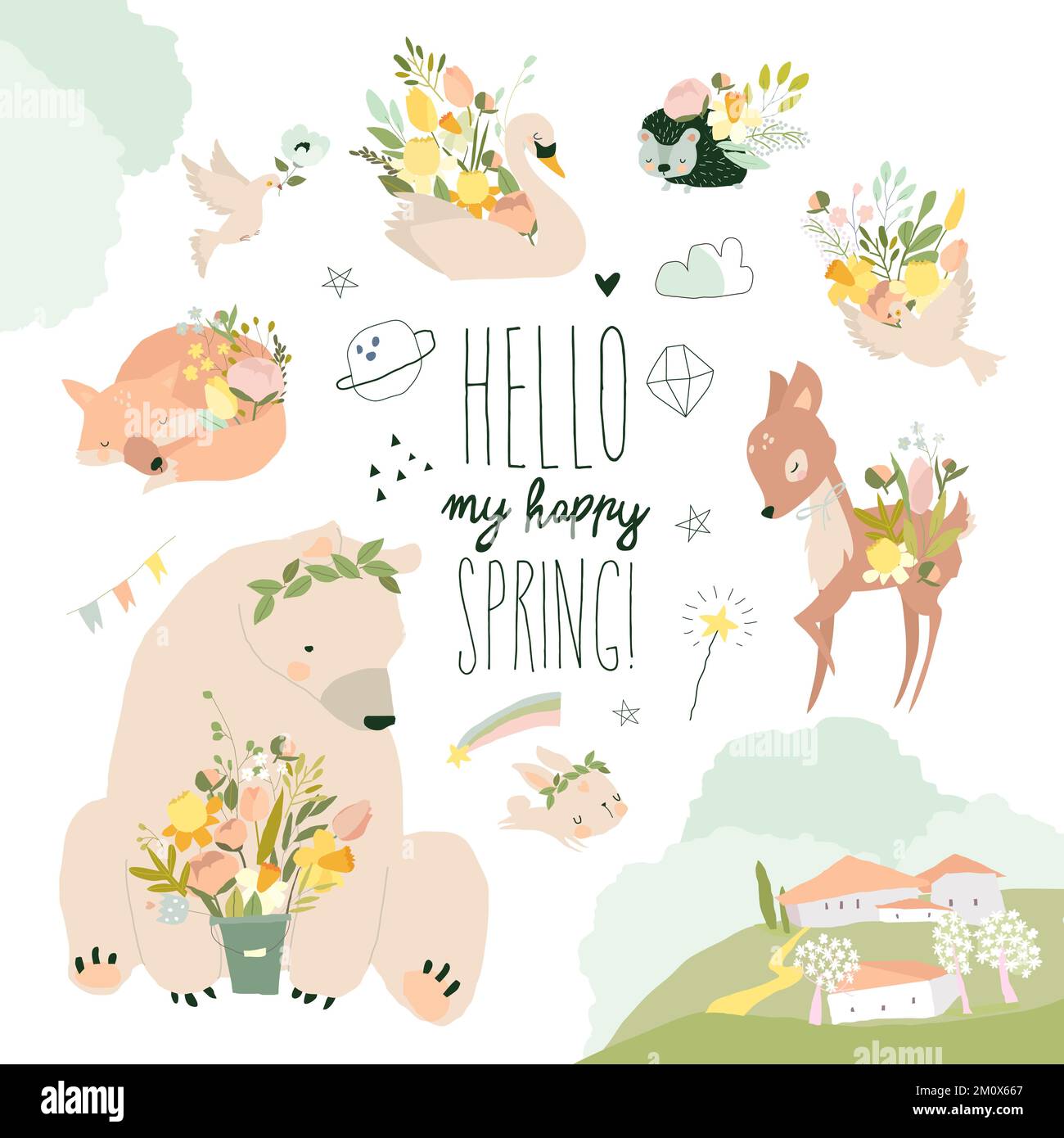 Set of Cute Animals with Spring Flowers Stock Vector Image & Art - Alamy